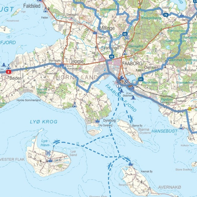 Fyn, Ærø, Tåsinge og Langeland Cykelkort (Kort falset lamineret, Dansk)